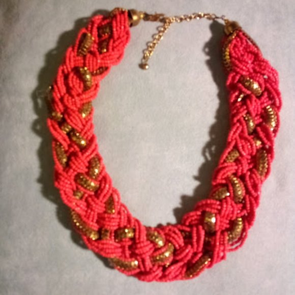 Jewelry | Red And Gold Braided Beads Necklace | Poshmark
